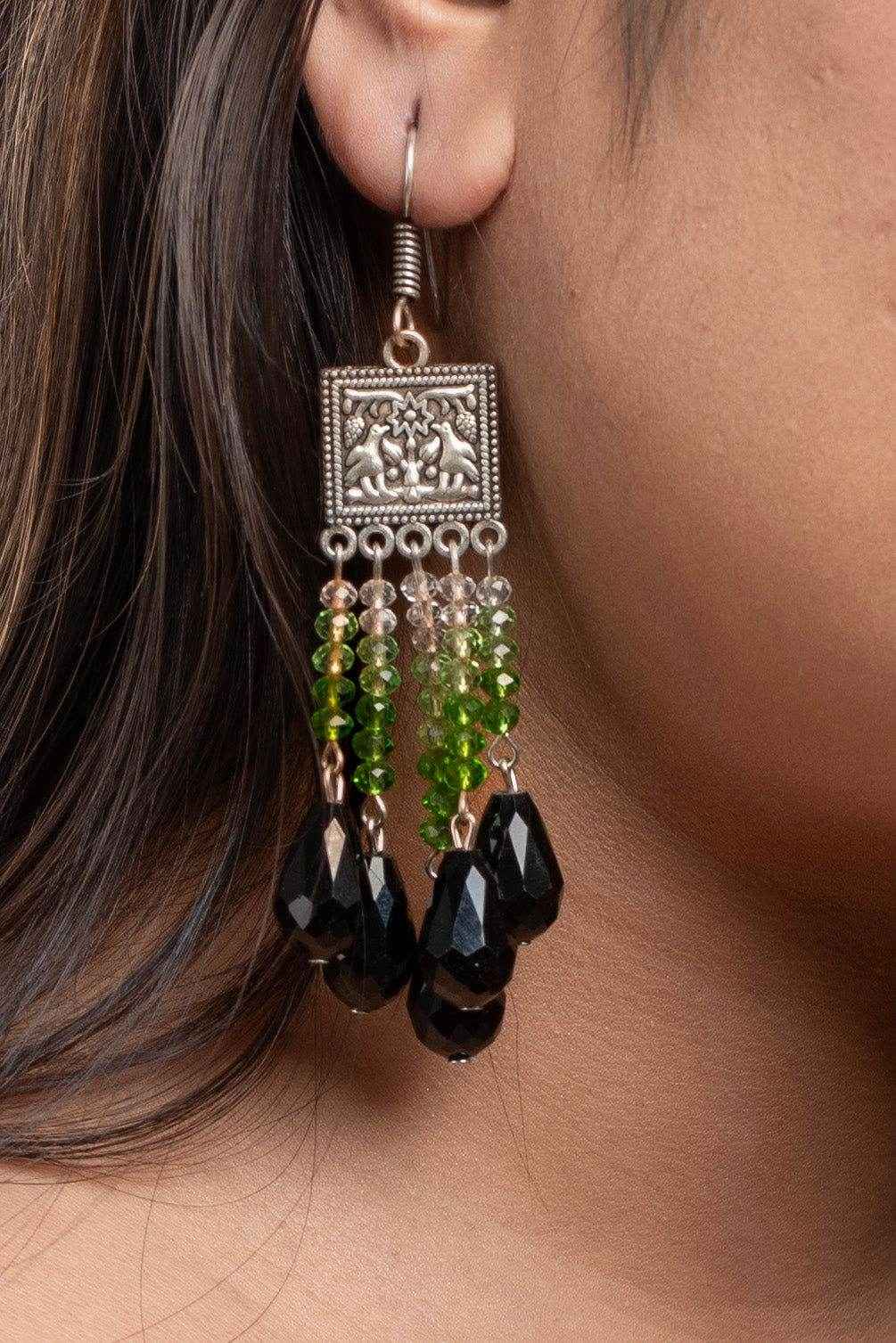 Designer Handmade Earrings with Green Black Crystals