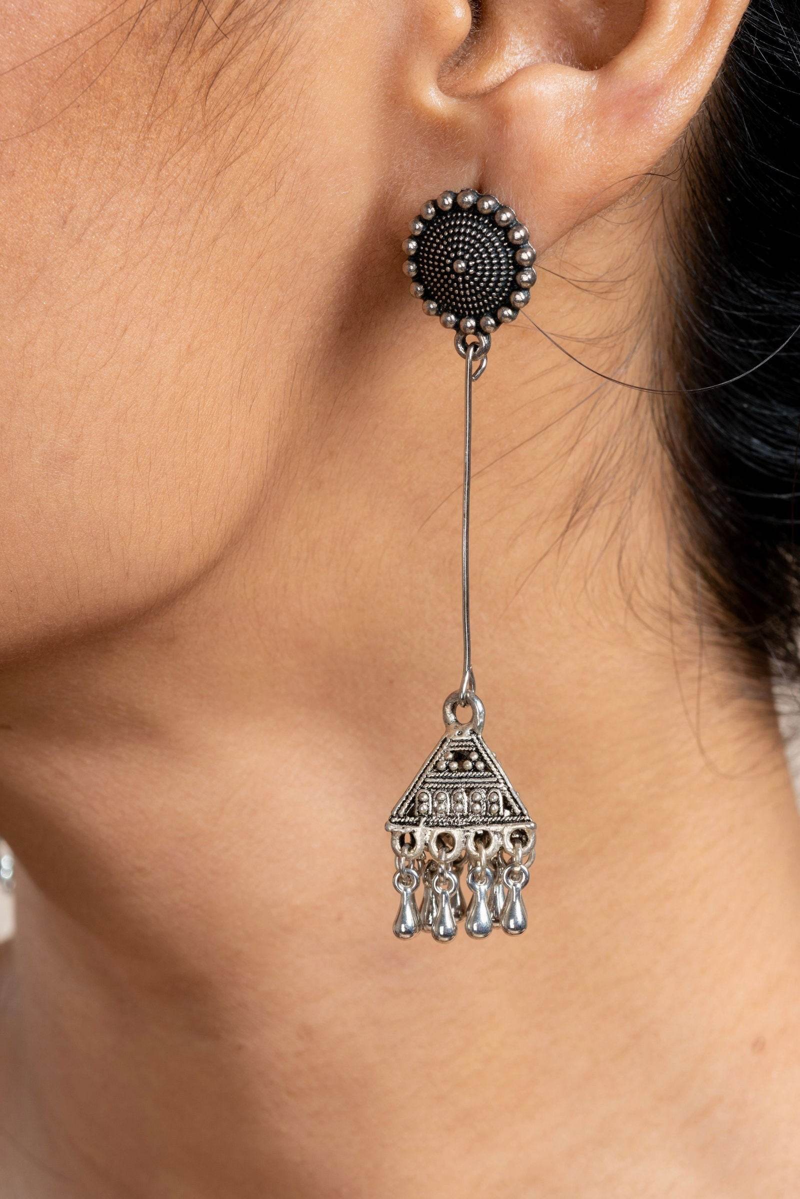 Handmade German Silver Floral Stud Triangular Jhumka Earrings ...